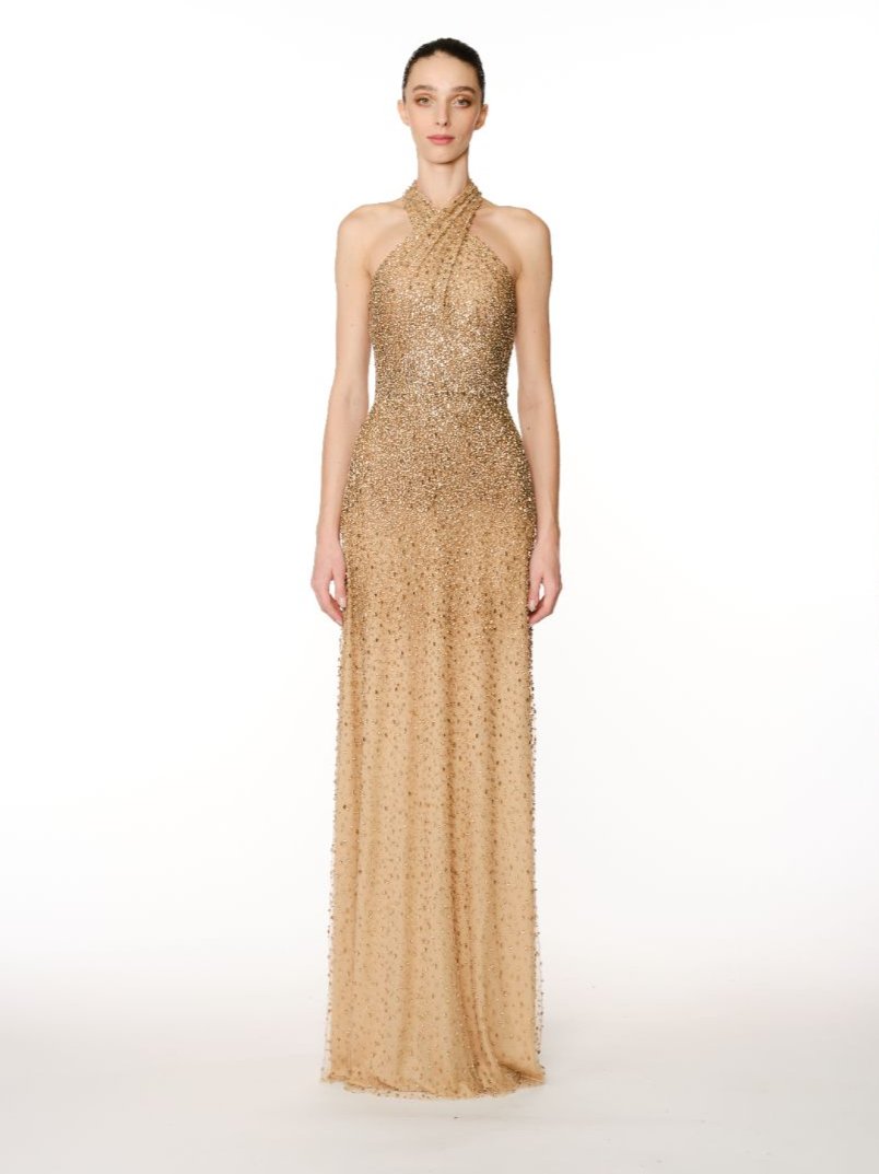 OMBRE BEADED CRISS-CROSS NECK FIT AND FLARE GOWN – Naeem Khan
