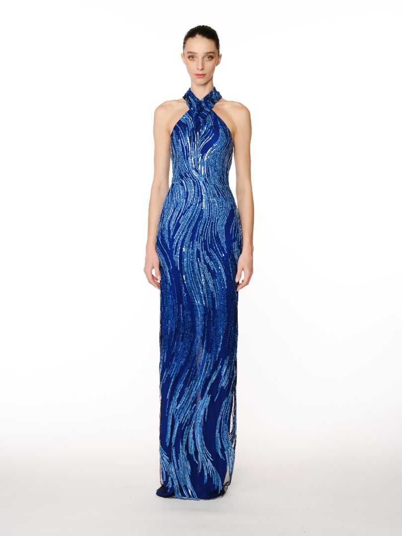 ABSTRACT SEQUIN CRISS-CROSS NECK COLUMN GOWN – Naeem Khan