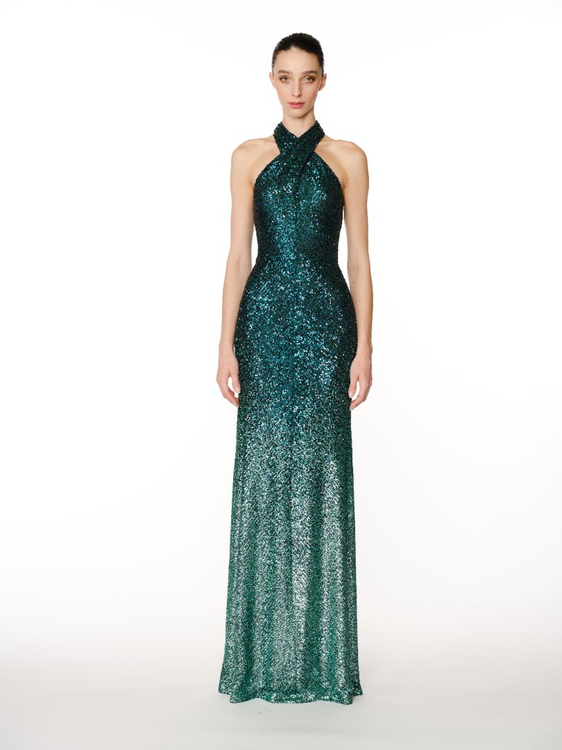 OMBRE STRETCH SEQUIN CRISS-CROSS NECK GOWN – Naeem Khan