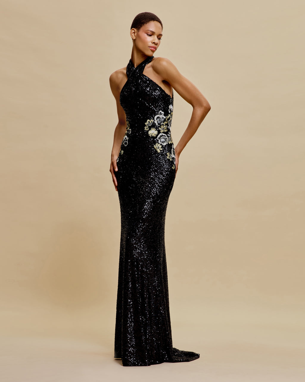 STRETCH SEQUIN CRISS-CROSS NECK FIT-AND-FLARE GOWN – Naeem Khan