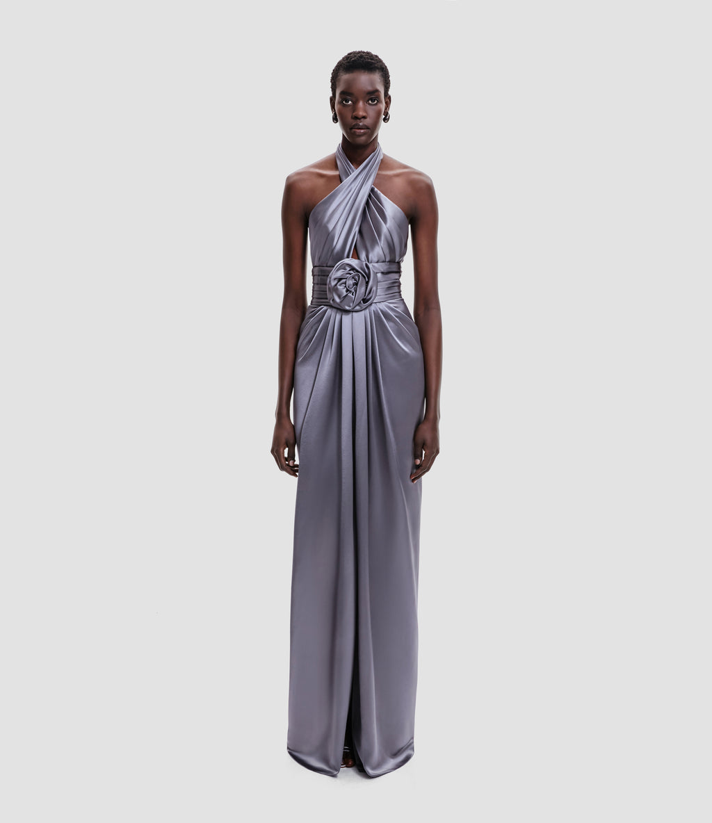 SATIN CRISS-CROSS NECK COLUMN GOWN WITH FLOWER – Naeem Khan