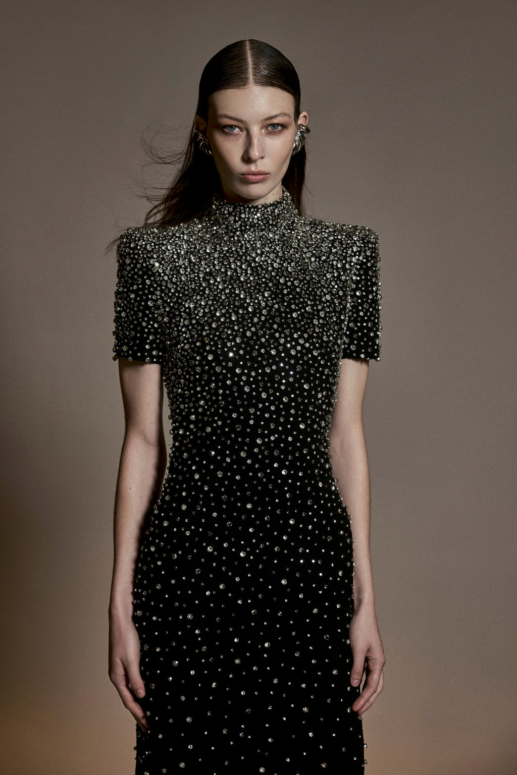 OMBRE CRYSTAL MOCK NECK SHORT SLEEVE TEA-LENGTH DRESS – Naeem Khan